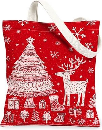 Generic Sacs fourre-tout en toile motif sapin de No&euml;l, sacs d&eacute;picerie r&eacute;utilisables, vintage, l&eacute;gers et lavables avec bandouli&egrave;re, Rouge, 13x15 Inch