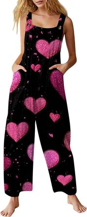 Generic Valentinstag Latzhose f&uuml;r Damen L&auml;ssige &auml;rmellose Jumpsuits mit weitem Bein Herz Grafik Festliche Einteiler Jumpsuit mit Taschen Pink XXL