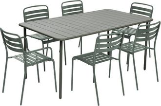 Sweeek Table de jardin m&eacute;tal + 2 fauteuils et 4 chaises. kaki. acier traitement anti rouille