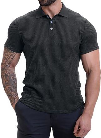 Generic Polo à manches courtes en tricot côtelé décontracté pour homme Haut de golf élégant Coupe ajustée, Polos gris pour homme, XXL
