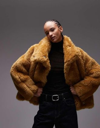 Asos Bomber &agrave; ourlet boule en fausse fourrure - Ocre-Orange