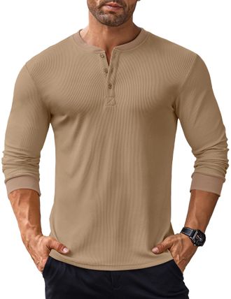 Coofandy Langarmshirt Herren Henley Shirt Langarm Tshirt mit Knopfleiste Shirts Langarm Herren Henley Pullover Gerippt Oberteile Basic Tops für Männer Khaki-b 