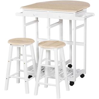 HOMCOM Ensemble Table de Bar Pliable sur roulettes avec &eacute;tag&egrave;re et 2 tiroirs + 2 tabourets Bois pin MDF Blanc ch&ecirc;ne Clair-Beige