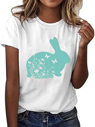 Generic T-shirt à manches courtes et col rond imprimé lapin pour femme - T-shirt décontracté et fin à manches longues, blanc, L
