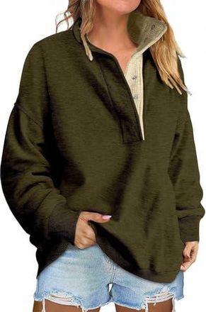 Generic Sweat-shirt surdimensionn&eacute; &agrave; manches longues et col Henley pour femme, haut d&eacute;contract&eacute; &agrave; boutons et manches longues, tenue tendance, vert militaire, 