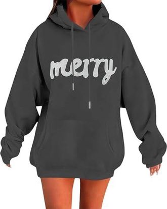 Generic Sweat à capuche décontracté « Merry Christmas » pour femmes, chandail surdimensionné avec lettres de Noël imprimées pour femmes, pull de Noël conforta