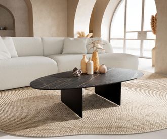 DELIFE Couchtisch Edge Oval 140x75 cm Keramik Laminam Noir Desir Braun Salto Metall Schwarz, Couchtische
