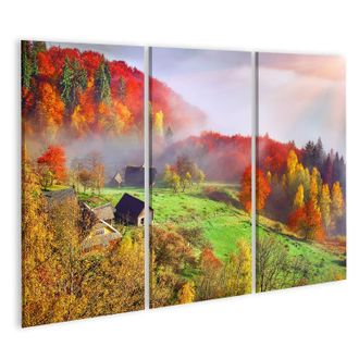 Islandburner Bild Bilder auf Leinwand Bunte Herbstlandschaft im Bergdorf. Nebliger Morgen in den Karpaten. Sokilsky Gebirge, Ukraine, Europa. Wandbild, Poster, Lei