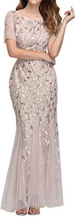 Generic Robe de soir&eacute;e moulante pour femme, robe de No&euml;l &agrave; manches courtes pour femme, robe longue &eacute;l&eacute;gante, moulante, coupe ajust&eacute;e, robe caraco mi-longue po