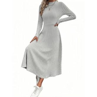 Generic Robe tunique en tricot &agrave; manches longues pour femme, robe d&eacute;contract&eacute;e &agrave; manches longues pour lautomne et lhiver, gris, XXL
