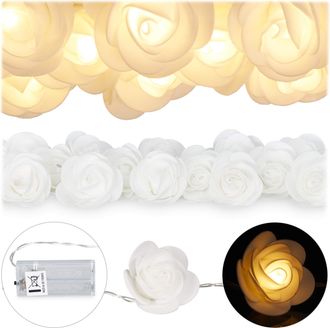Relaxdays Rosen Lichterkette, 20er LED Lichterkette Batterie, Hochzeit, Verlobung & Valentinstag, warmweiß, Deko, weiß, 4 x 5 x 330 cm