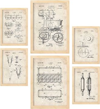 Nacnic Set von 6 Plakaten mit Küchengeräte Patenten. Plakate mit Retro-Patentabbildungen. Inneneinrichtung im Vintage-Stil. Grösse A4 und A3. Mit Rahmen