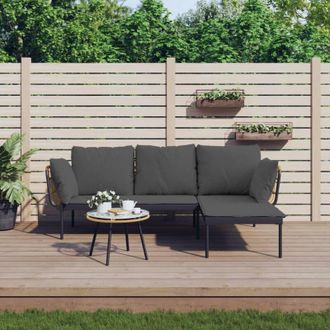vidaXL Salon de jardin 3 pcs avec coussins gris fonc&eacute; r&eacute;sine tress&eacute;e