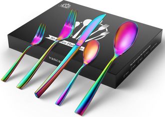 VANCASSO Besteck Set Regenbogen 6 Personen, 30 PCS Bunt Besteckset Spülmaschinenfest,6 x Messer/6x Gabel/6x Löffel/6x Dessertgabel/6x Kaffeelöffel, 18/10 Edels