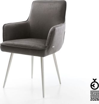 DELIFE Esszimmerstuhl Heira-Flex mit Armlehnen Mikrofaser Anthrazit Vintage 4-Fu&szlig; konisch Edelstahl Taschenfederkern, Esszimmerst&uuml;hle