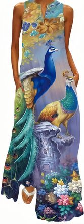 Ocean Plus Damen Muster Maxikleid V-Ausschnitt Kleid mit Stecktaschen und Weitem Rock (M, Pfauenmalerei)