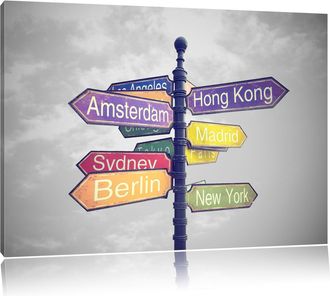 Pixxprint Städte Wegweiser B&W Detail, Größe: 60x40cm, Leinwandbild, fertig gespannt, Wandbild, Dekoration, Kunstdruck, kein Poster