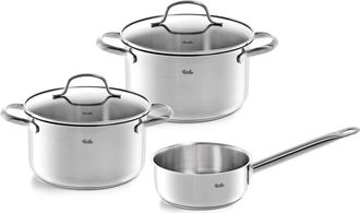 FISSLER San Francisco/Edelstahl-Topfset, 3-teilig, Kochtopf-Set, Töpfe mit Glas-Deckel, Induktion (2 Kochtöpfe, 1 Stielkasserolle) - Induktion