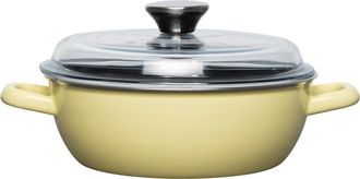 Riess 0043-002, Schmorpfanne mit Glasdeckel 20cm, hohe Bauform, Emaille, LEMON LBH 27,8x21,2x12,9 Gew. 1,512kg, Bratpfanne, mit 2 Griffen, backofenfest, gel