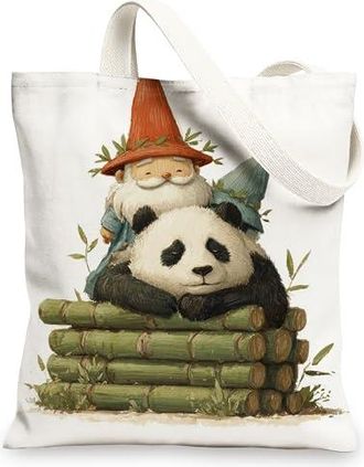 Generic Sacs fourre-tout fantaisistes en toile de panda, motif nain mignon, sacs dépicerie réutilisables, légers et lavables à bandoulière pour magasin, blanc