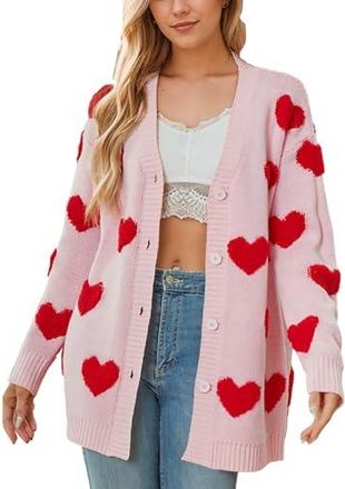 Generic Cardigan &agrave; manches longues ouvert sur le devant pour femme - Tricot en forme de coeur - Col en V boutonn&eacute; - Pull surdimensionn&eacute; l&eacute;ger et d&eacute;contract&eacute; p