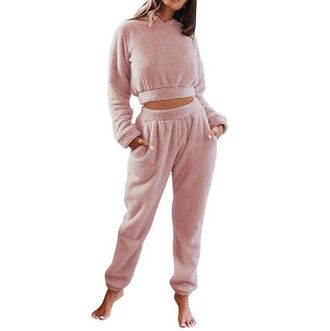 Generic Ensemble de vêtements de détente pour femme en polaire - Ensemble de pyjama en coton à manches longues - Pyjama assorti à capuche - Pull court deux pi