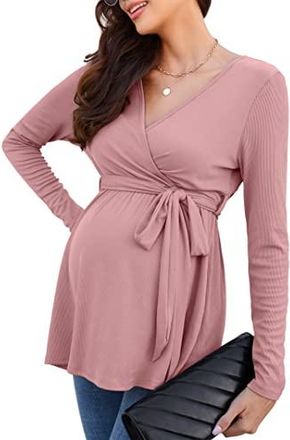 KOJOOIN Chemise dallaitement pour Femme Chemise de maternité Col en V à Manches Longues Hauts dallaitement avec Ceinture Vêtements de maternité,Rose (Manches 
