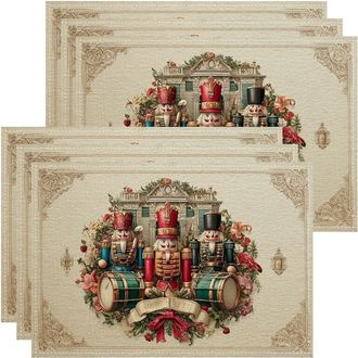 Generic Nussknacker Urlaub Tischsets Beige Festliche Tischsets f&uuml;r Weihnachten rutschfest Waschbar Indoor Outdoor Dekorative Platzdeckchen Set von 6