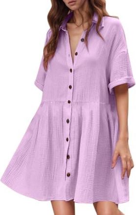 Generic Robe nuisette &agrave; manches courtes pour femme - Robe d&eacute;t&eacute; boutonn&eacute;e avec poches - Robe d&eacute;t&eacute; boh&egrave;me pour la plage, les vacances - Essentiels de vacances p