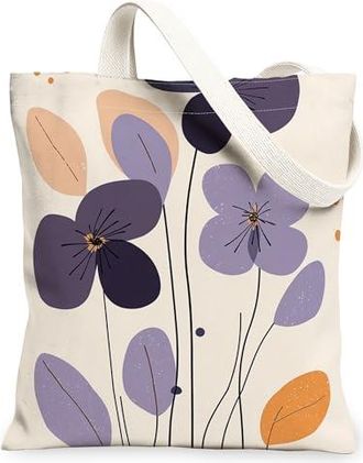 Generic Sac fourre-tout en toile avec fleurs violettes printani&egrave;res pour le shopping, 33 x 38 cm, motif floral r&eacute;tro du milieu du si&egrave;cle, sac d&eacute;picerie r&eacute;util