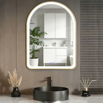 Generic 3-farbig Beleuchteter Badezimmerspiegel, Gew&ouml;lbter LED-Spiegel Mit Metallrahmen, Wandmontierter Kosmetikspiegel Zum Schminken, Beschlagfrei, Dimmbar(G