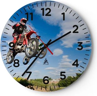 Arttor Modern Wanduhr Motorrad Reiter Himmel 40x40cm Rund Gro&szlig; Wand Uhr Glas Analog Zimmeruhren K&uuml;che B&uuml;ro Wohnzimmer Glasuhr Wall Clock Dekoration Design Wa