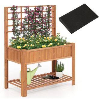 Costway Costway - Jardini&egrave;re Sur&eacute;lev&eacute;e avec Treillis, Bac &agrave; Plantes avec Pieds, Doublure, &Eacute;tag&egrave;re et Trous de Drainage pour Plantes Grimpantes, Marron