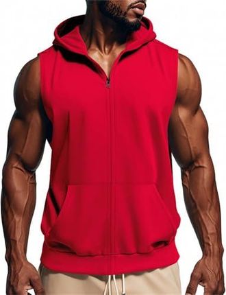 Generic Sweat &agrave; Capuche sans Manches pour Homme - D&eacute;bardeur d&eacute;t&eacute; - Coupe ajust&eacute;e - T-Shirt l&eacute;ger et Solide(Z01-red Shirt Hoodie MenL)