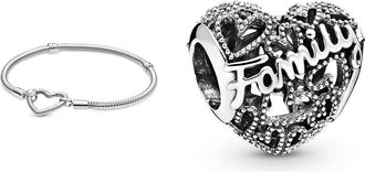 Pandora Armband Moments Herzverschluss silber 599539C00 18 cm & Family Herz Charm Sterling-Silber 8,6 x 10,8 x 11,5 mm (T/H/B)