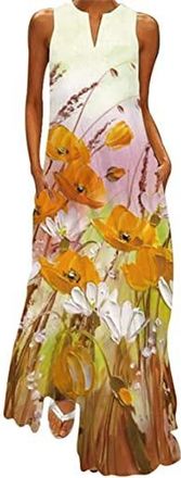 Ocean Plus Femme Robe Longue sans Manches Vintage Imprimée en Couleur Multiple avec Encolure en V (4XL, Fleurs de Peinture à lHuile Jaune)