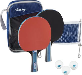 Relaxdays Tischtennis Set, Hülle mit Tischtennis-Netz, 2 Holzschläger, 3 Ping Pong Bälle, Mini Tischtennis, schwarz-rot