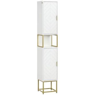 Kleankin Meuble Colonne Rangement Salle de Bain avec Niche et 2 placards &eacute;tag&egrave;re r&eacute;glable Pieds en Acier dor&eacute; dim. 30L x 30l x 170,7H cm Blanc