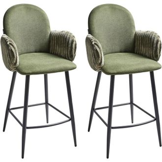 Beliani Ensemble de 2 Chaises de Bar Pieds en Fer avec Accoudoirs en Velours Si&egrave;ge Rembourr&eacute; Tissu Vert Amity