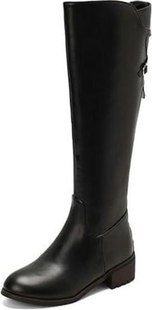 Generic Bottes d&eacute;quitation &agrave; bout rond et talon bloc pour femme - Bottes d&eacute;quitation &agrave; enfiler - Large mollet - Chaussures dhiver d&eacute;contract&eacute;es polyvalentes a