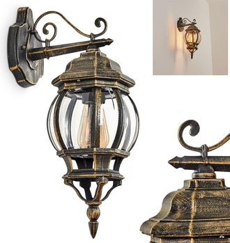 HOFSTEIN Außenwandleuchte Lentua, Wandlampe abwärts in antikem Look, Metall/Kunststoff in Braun/Gold/Klar, E27-Fassung, Retro/Vintage Außenleuchte für Terrasse