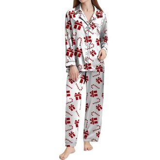 Generic Joli pyjama de Noël pour femme, pyjama en soie à manches longues pour femme, chemise de nuit boutonnée et jambe large, vêtement de détente en satin de