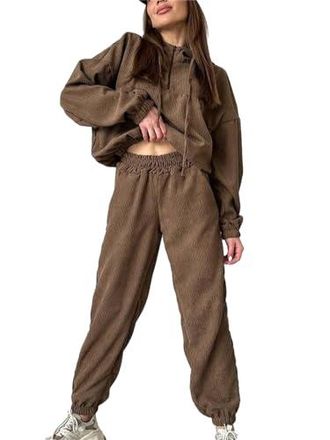 Generic Surv&ecirc;tement 2 pi&egrave;ces pour femme, coupe d&eacute;contract&eacute;e, chandail &agrave; capuche &agrave; manches longues et pantalon &agrave; jambe large, ensemble de d&eacute;tente abricot, tail