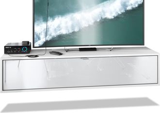 Vladon TV Board Lana 140 H&auml;ngeschrank Lowboard 140 x 29 x 37 cm, Made in Germany, Korpus in Wei&szlig; matt, Fronten in Wei&szlig; Hochglanz | Gro&szlig;e Farbauswahl