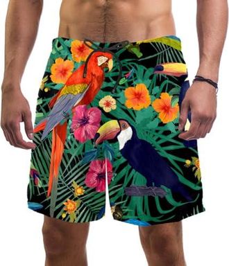 Generic Short de bain pour homme avec poches à séchage rapide - Short de plage dété - Imprimé 3D - Ara tropical, perroquets, toucans - Short de surf décontrac