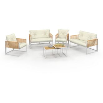 IDMarket Salon de jardin bas RIO 6 places structure m&eacute;tal blanc et cordage effet rotin avec coussins beige