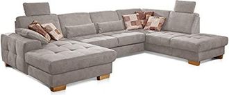 Cavadore Wohnlandschaft Puccino mit Federkern, Bettfunktion, Bettkasten, Sitztiefenverstellung und 2 Kopfstützen / Sofa in U-Form im Landhausstil / 340 x 86 x 