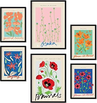 Nacnic Lot de 6 posters de fleurs printani&egrave;res - Collection de feuilles avec esth&eacute;tique Collage pour la d&eacute;coration int&eacute;rieure - Tailles A3 et A4 - Cadre noir