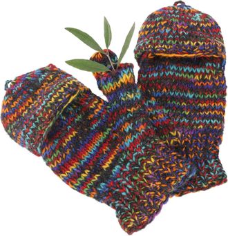 Guru Shop Handgestrickte Handschuhe, Klapphandschuhe Nepal, Wollhandschuhe - Multi/dunkel, Herren/Damen, Wolle