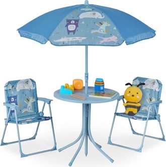 Relaxdays Relaxdays - Salon de jardin pour lenfant, table, chaises, parasol, design animalier, pour la plage ou le camping, bleu